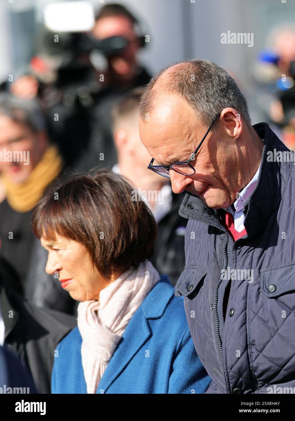 23 February 2025, North Rhine-Westphalia, Arnsberg: Friedrich Merz (CDU, r), party chairman and ...