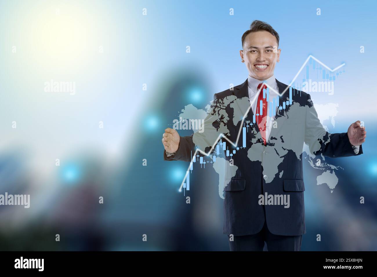 Businessman showing holographic global world map and economic chart ...