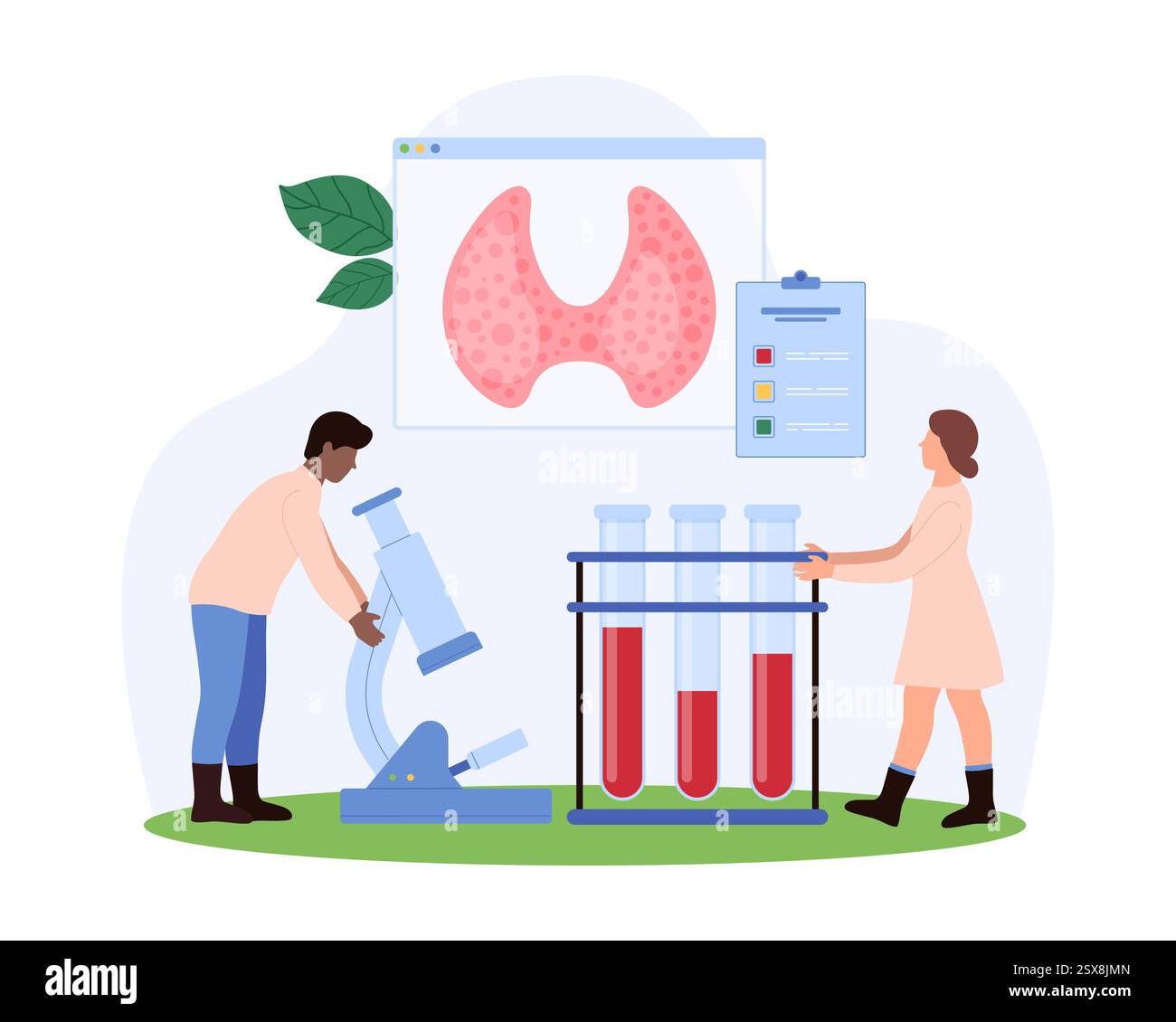 Tiny people conducting a thyroid gland blood test, focusing on ...