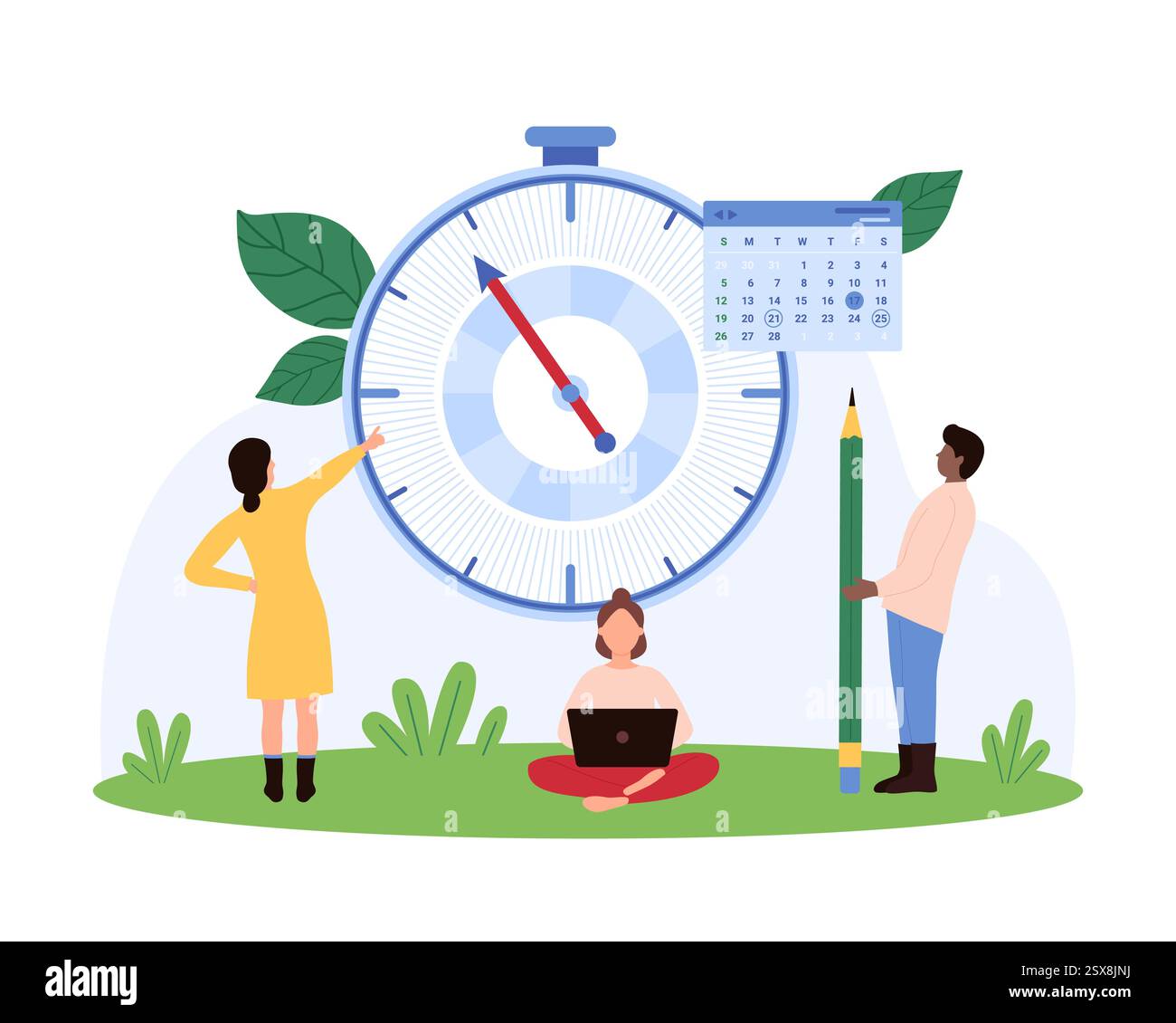 Tiny people managing time, focusing on scheduling, planning, and productivity, highlighting ...