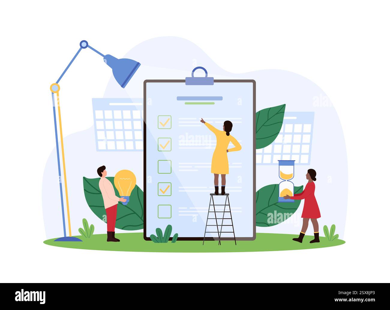 Tiny people organizing tasks on a large to-do list with lightbulb and ...