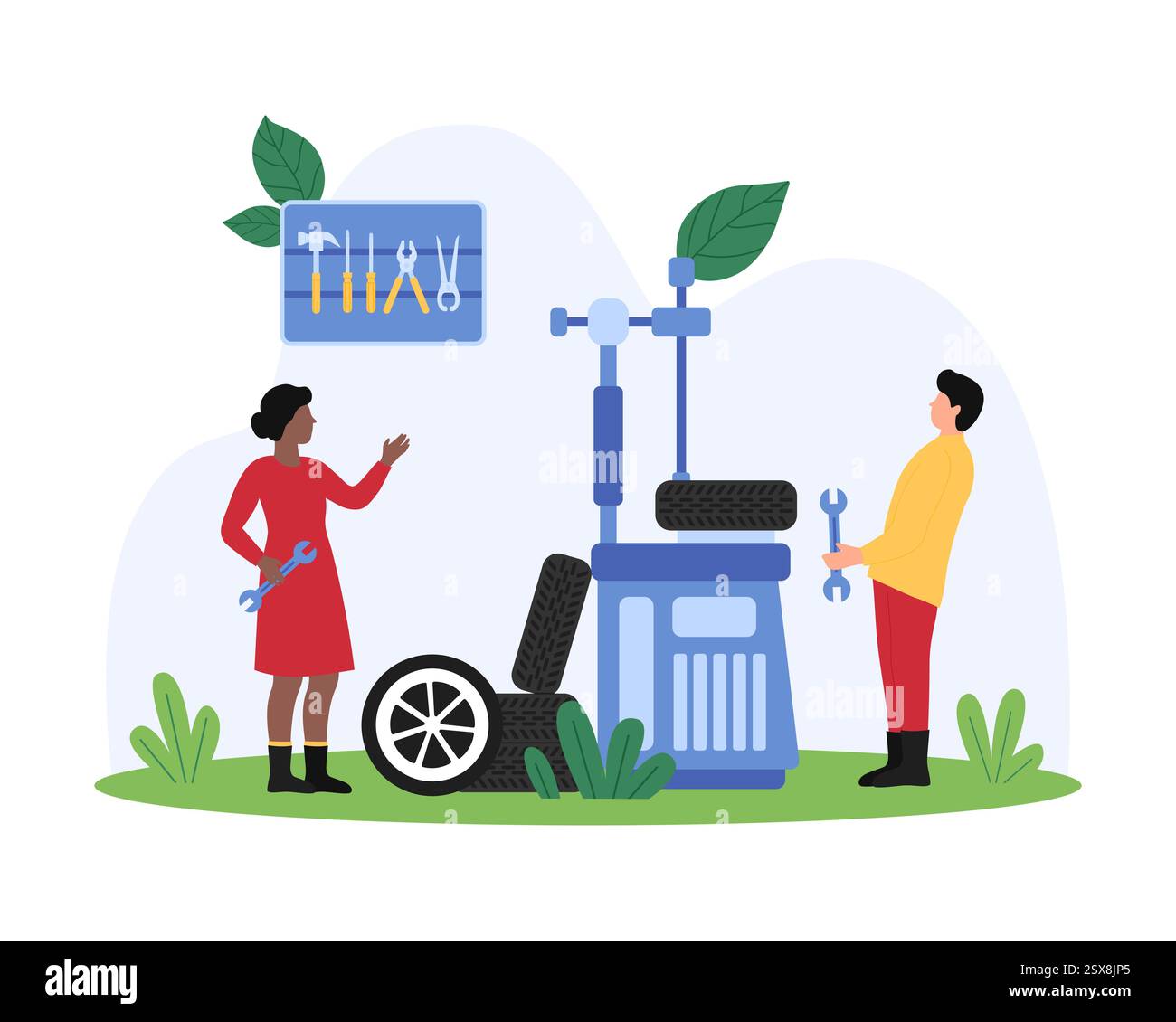 Tiny people engaged in tire service with oversized tools and equipment ...