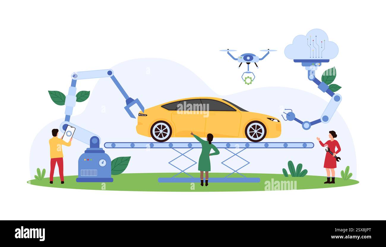 Tiny people assembling a vehicle with robotic arms and drones ...