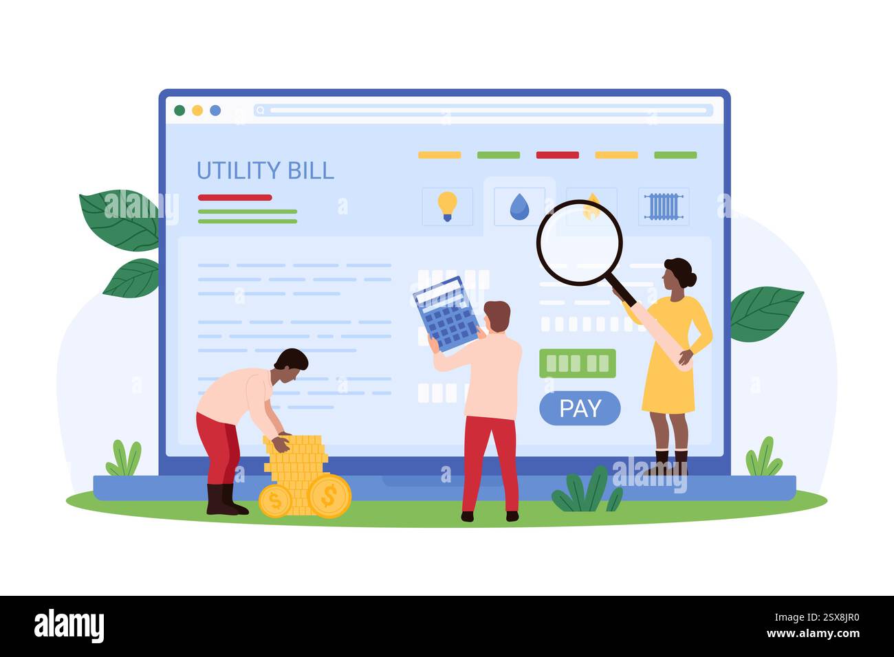 Tiny people managing utility bill payments online using a large screen, calculator, and coins ...