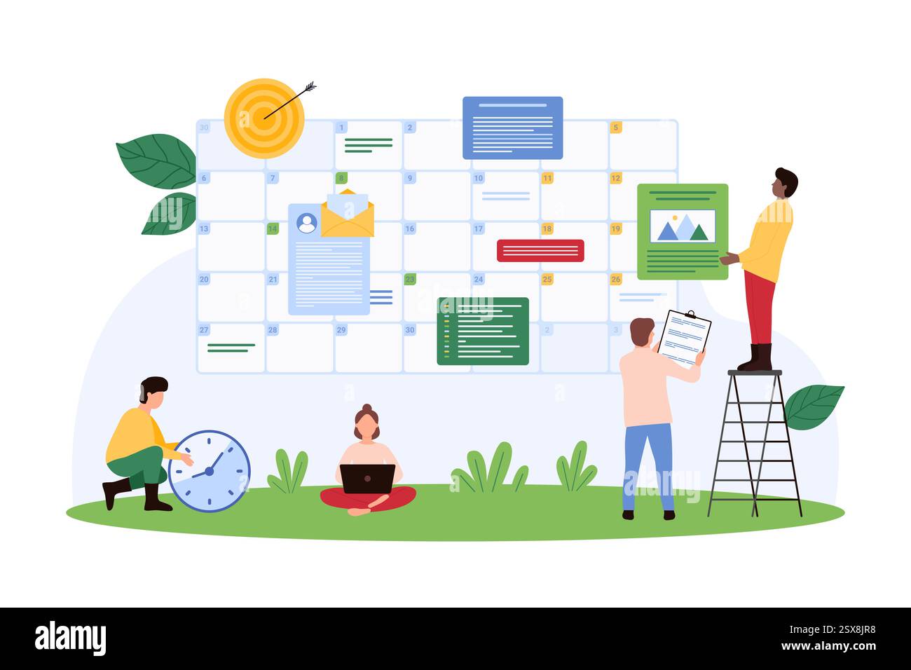 Tiny people planning and organizing time, focusing on schedules, tasks ...