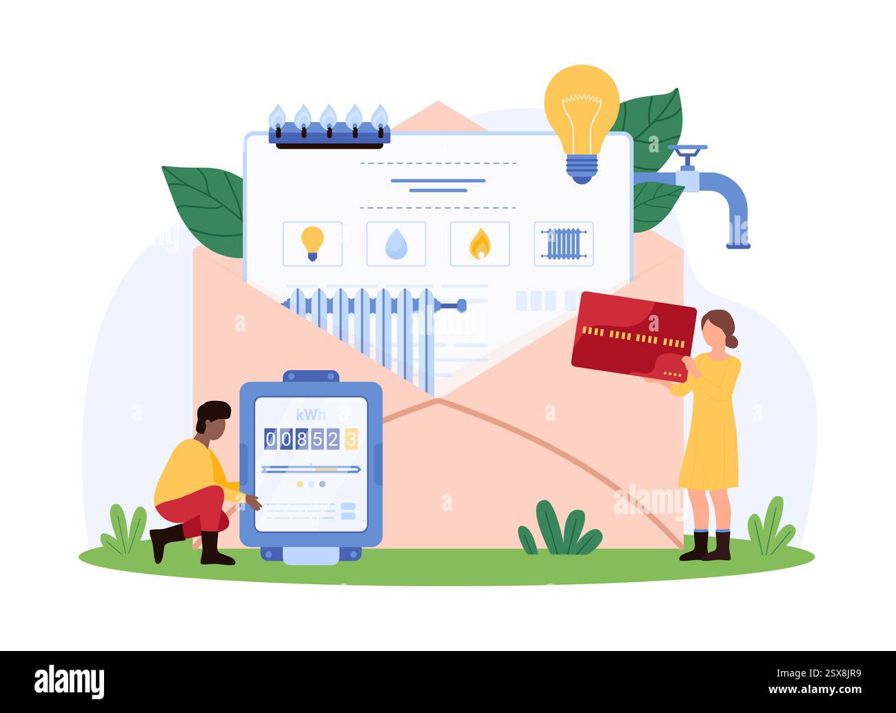 Tiny people handling utility bill payments with a giant envelope and various icons for ...