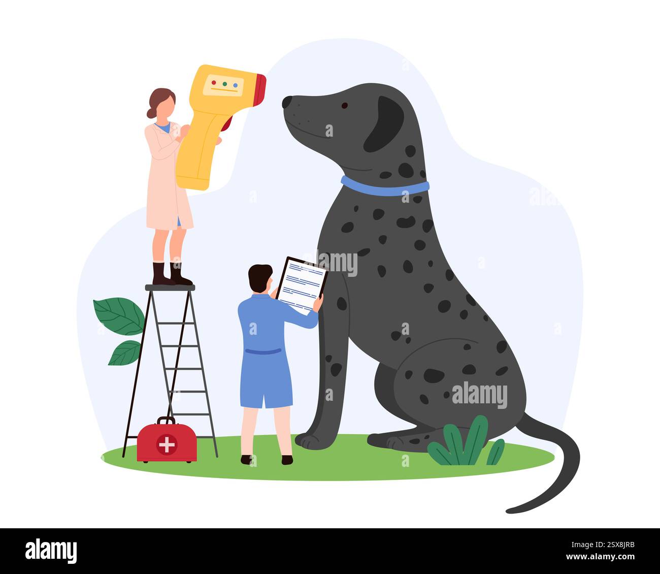 Tiny people performing a veterinary check-up on a giant dog using ...