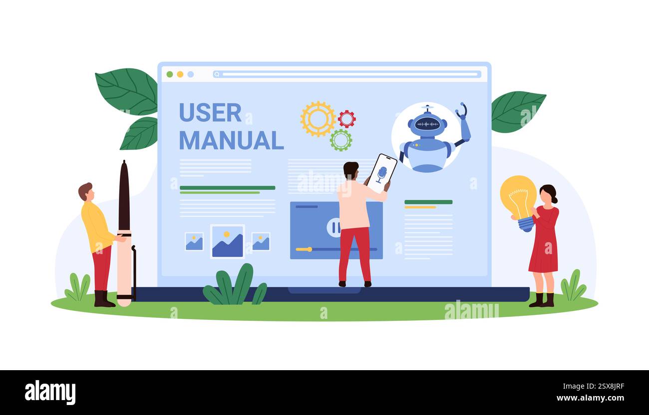 Tiny people developing a user manual on a giant screen, including illustrations and interactive ...