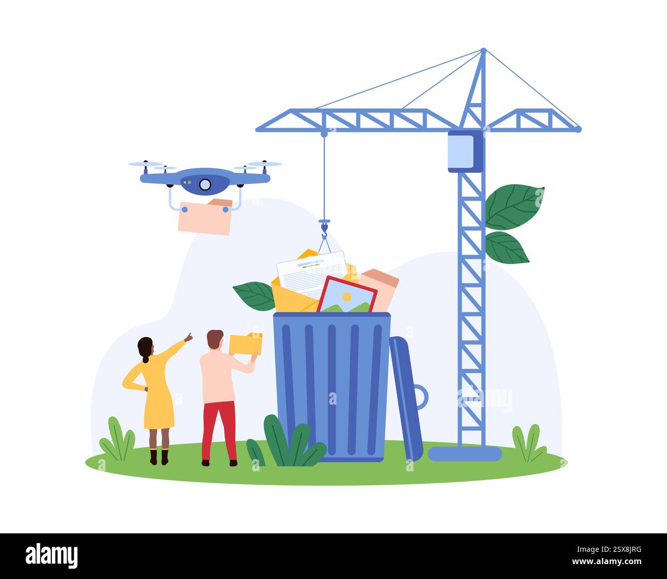 Tiny people managing waste disposal with a crane lifting garbage into a ...