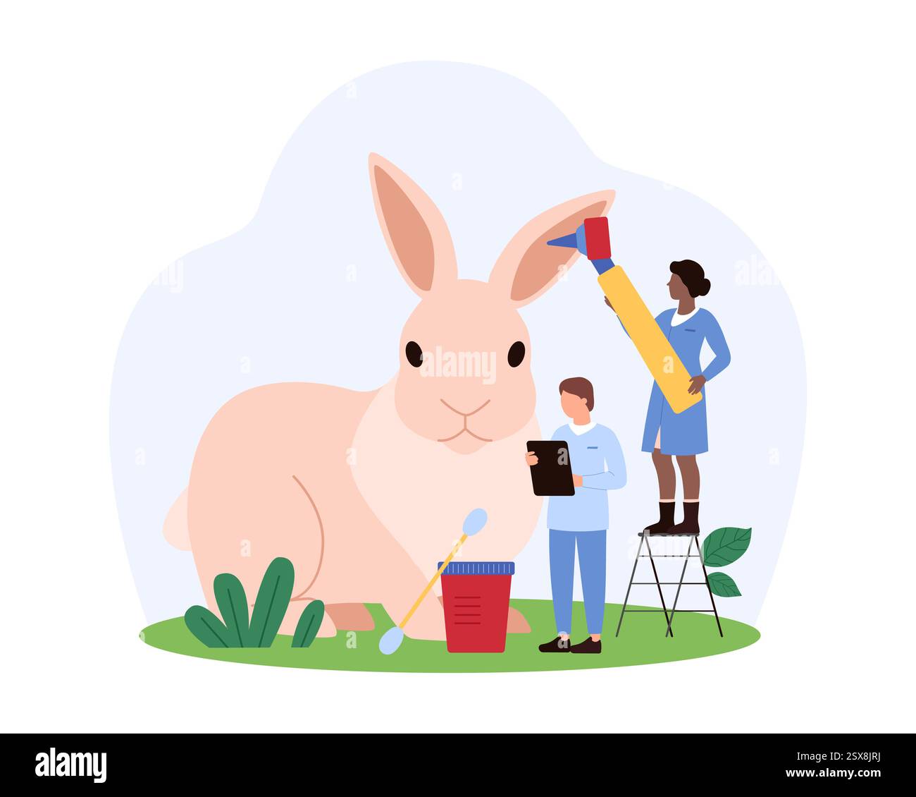 Tiny people performing an ear check-up on a giant rabbit using ...