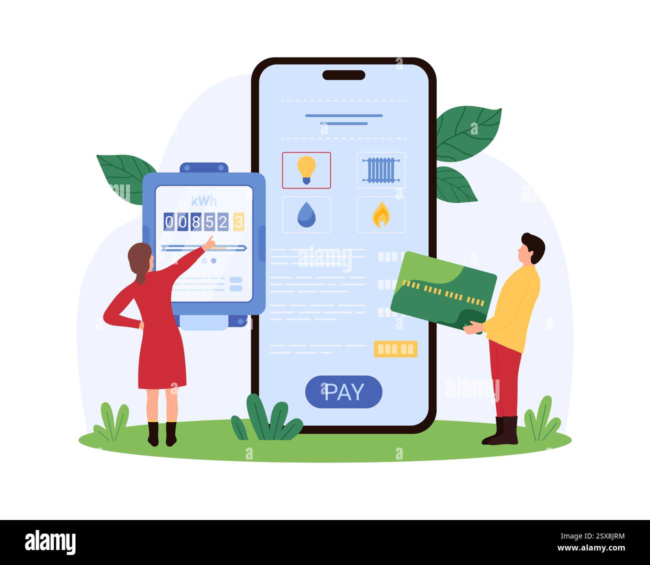Tiny people processing utility bill payments using a giant mobile phone and tablet, representing ...