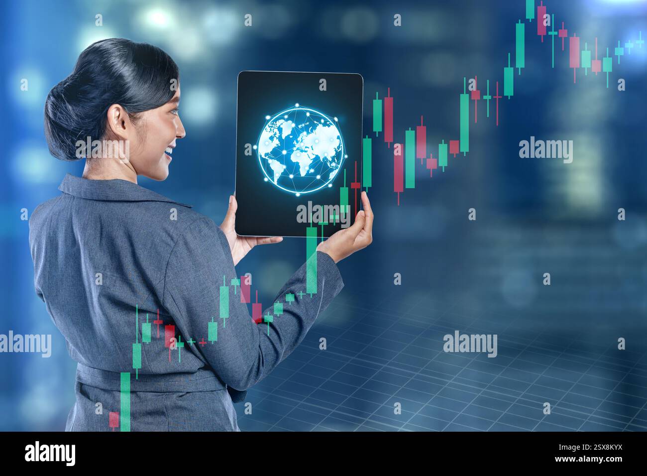 Businesswomen show global world map connection on a tablet screen with ...