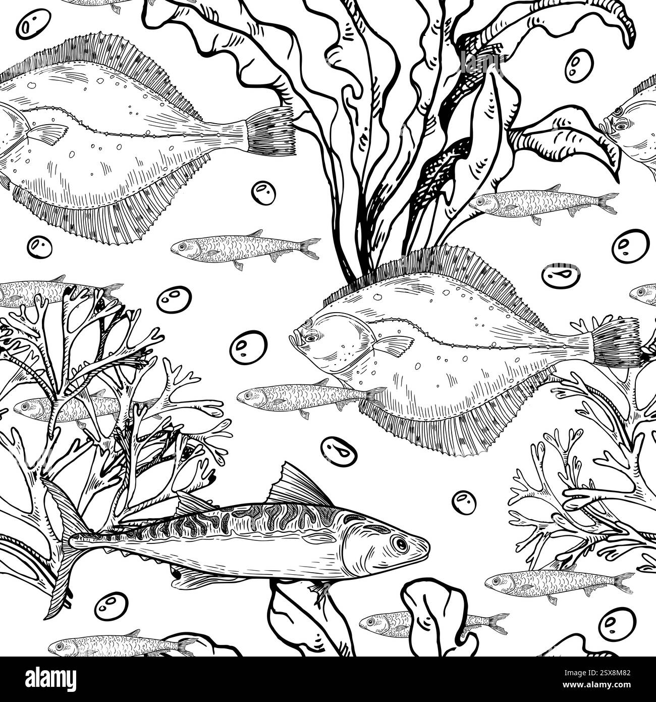 Flounder fish, coral reefs, and seaweed black white vector seamless ...