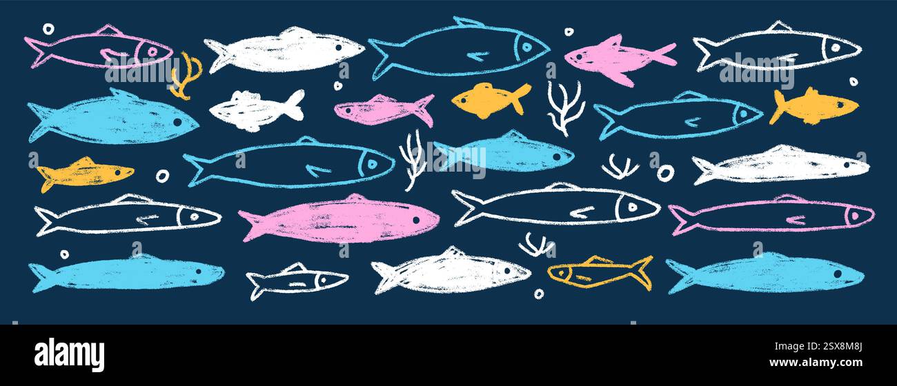 Fishes crayon doodle set. Sardines hand drawn scribble School of fish ...