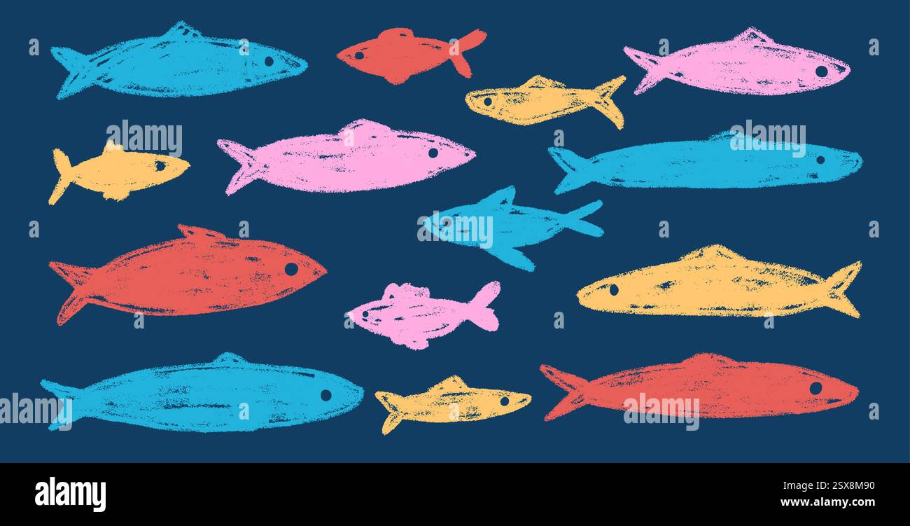 Fishes doodle set. Sardines hand drawn scribble School of fish in the ...