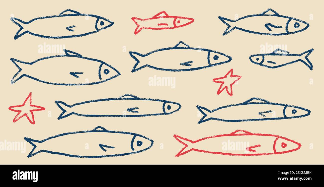 Fishes line doodle set. Sardines hand drawn scribble School of fish in ...