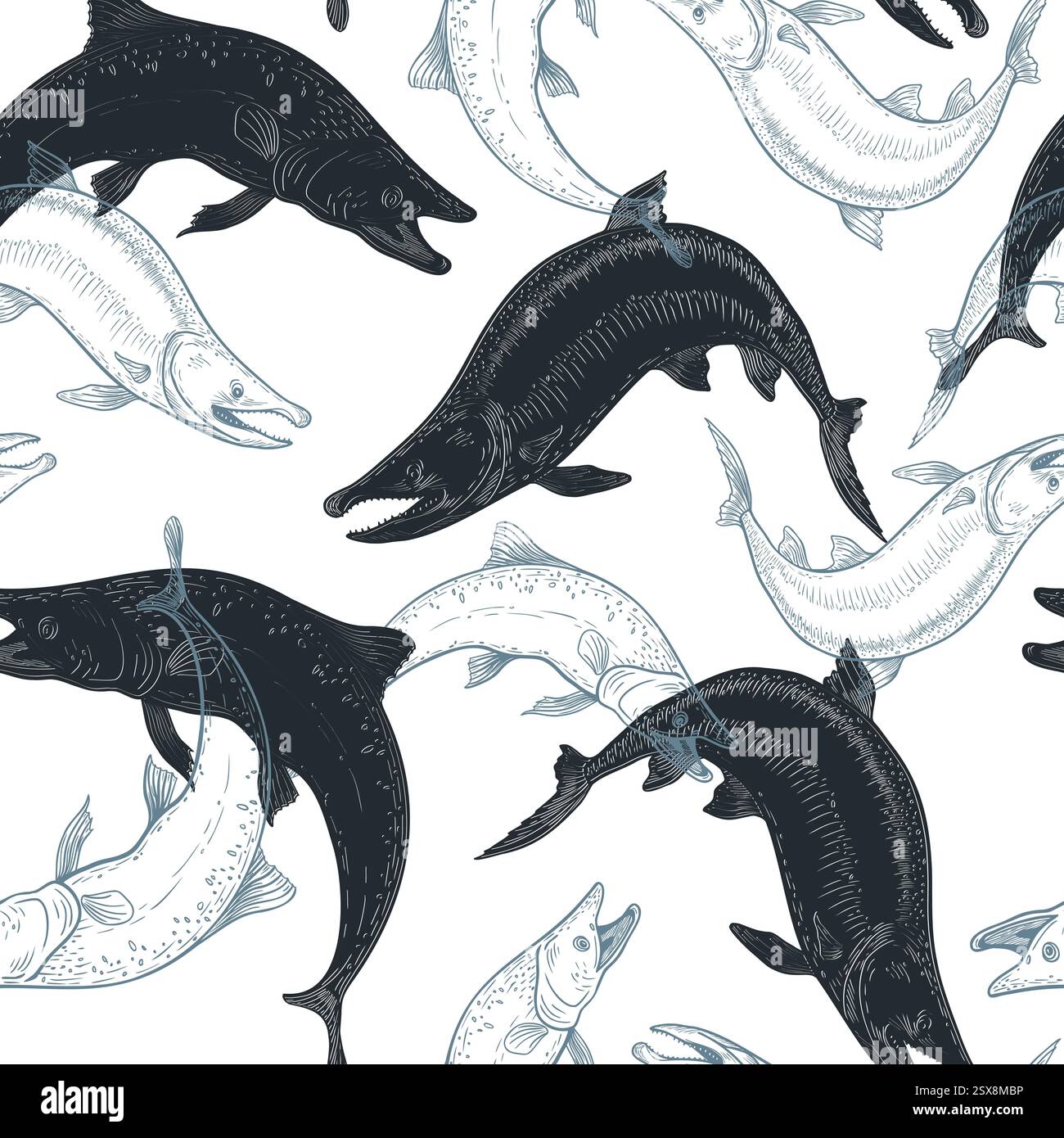 Pike fish seamless pattern in black and white vector. Hand drawn ...