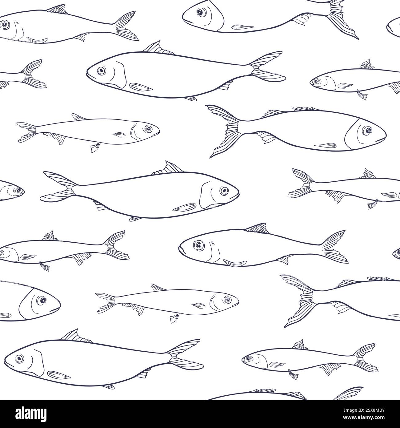 Anchovies black white vector seamless pattern isolated. Sea fishes ...