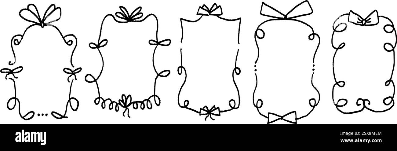 Doodle coquette frames with bows. Vintage scribble line wavy border ...