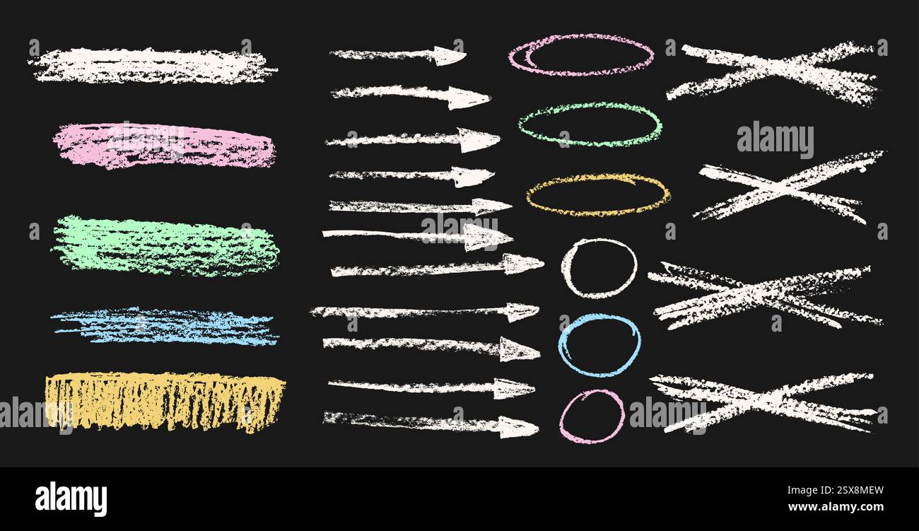 Crayon underline emphasis set. Pencil scribble lines, arrow and ellipse ...