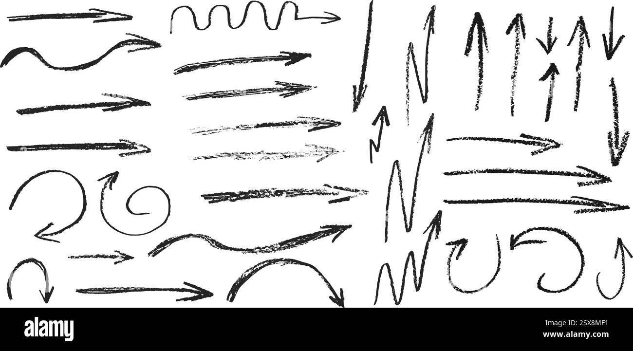 Arrows charcoal drawn. Straight and curved thin pointers doodle elements set. Scribble freehand ...