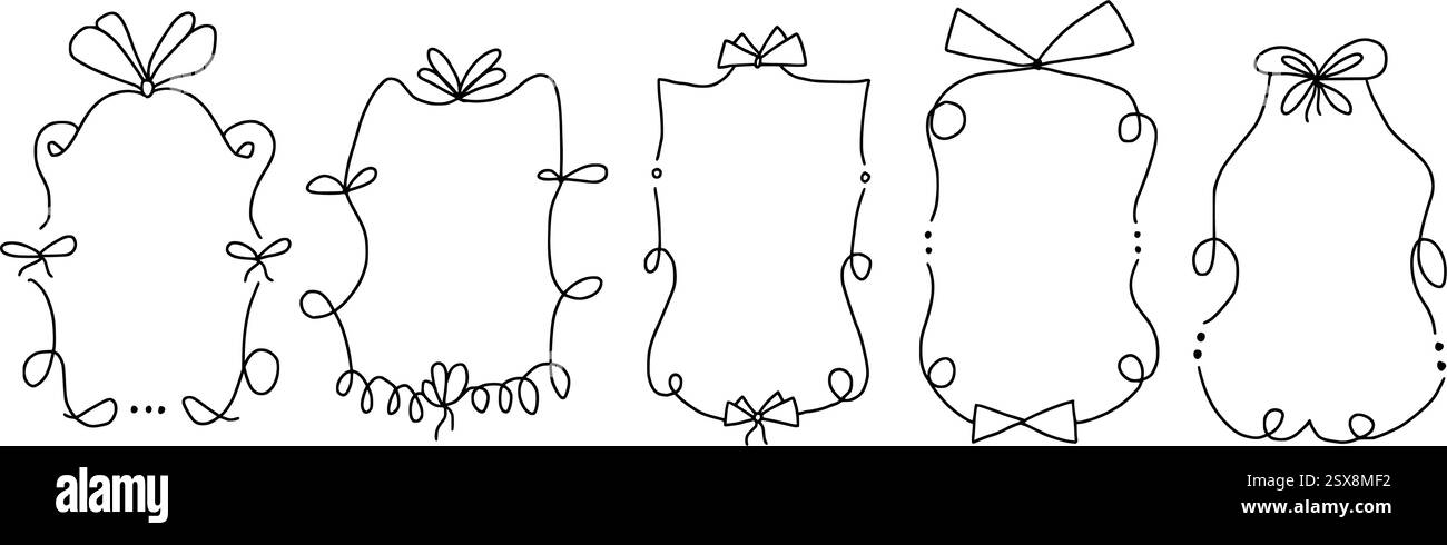 Doodle coquette frames with bows. Vintage scribble line wavy border ...
