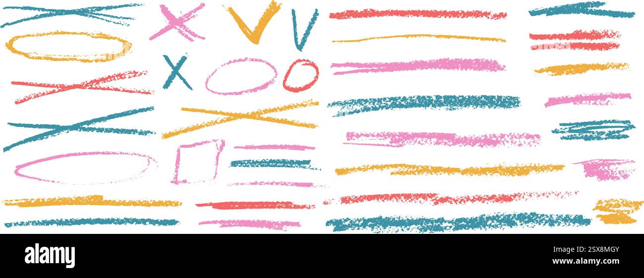 Doodle emphasis set. Crayon underline, cross, oval signs. Pencil ...