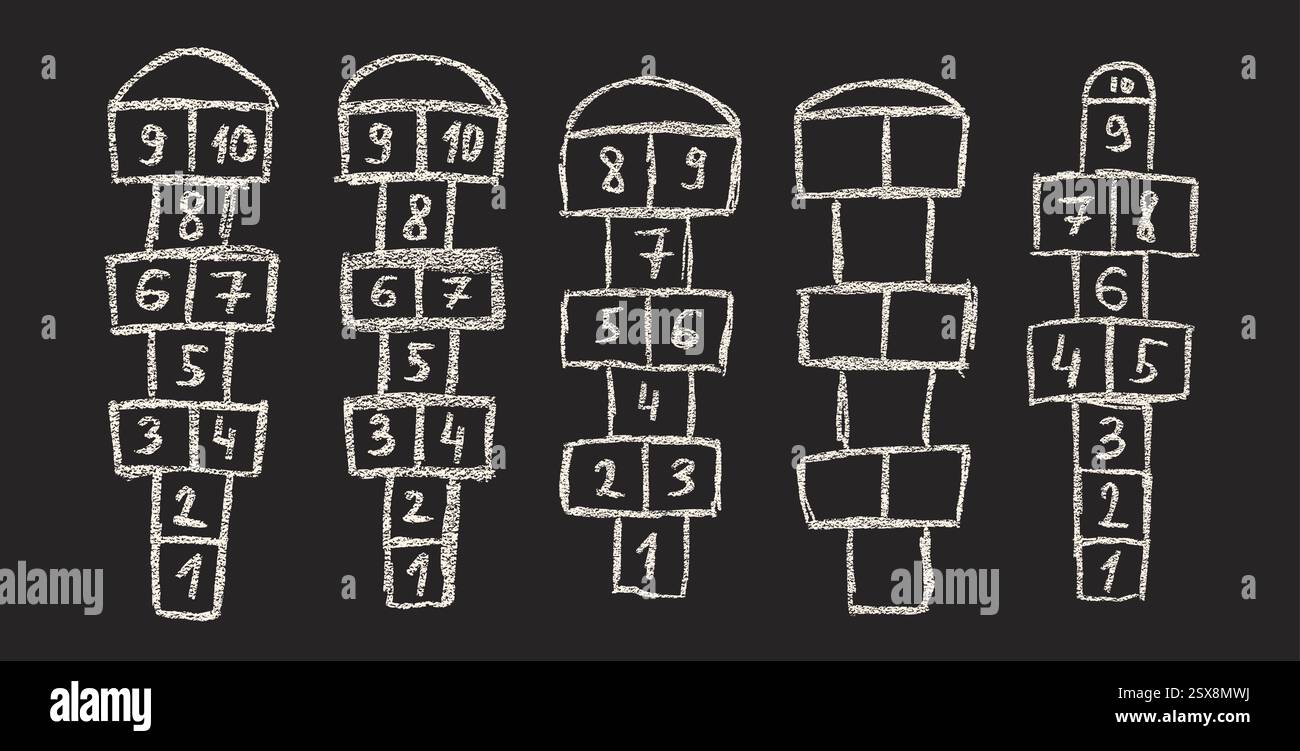 Hopscotch games chalk drawn set isolated on dark background. Children ...