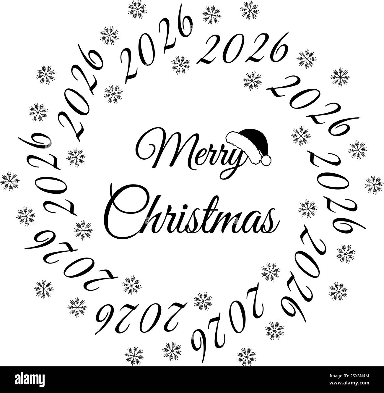 Snowflakes 2026 and Santa cap on Merry Christmas letter lettering ...