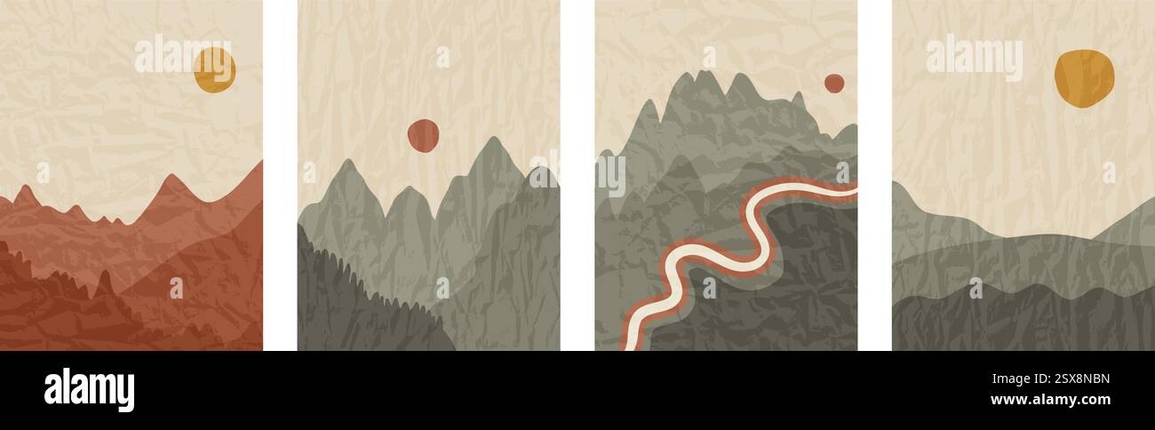 Mountain forest landscape minimal posters. Japandi sunset interior ...