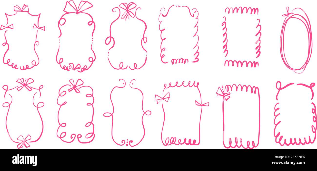 Doodle coquette frames with bows. Vintage line wavy border with ribbons ...