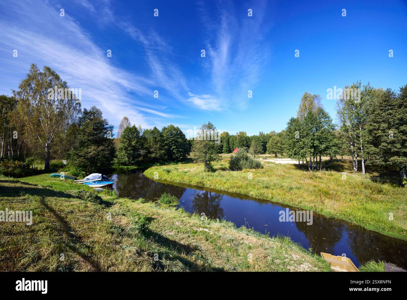 A tranquil riverbank under a clear blue sky, edged by vibrant green ...
