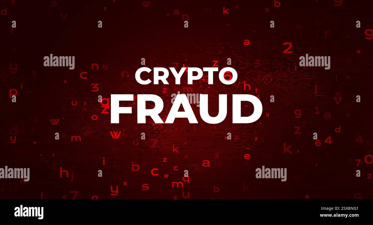 Crypto fraud text on red digital background with scattered letters and ...