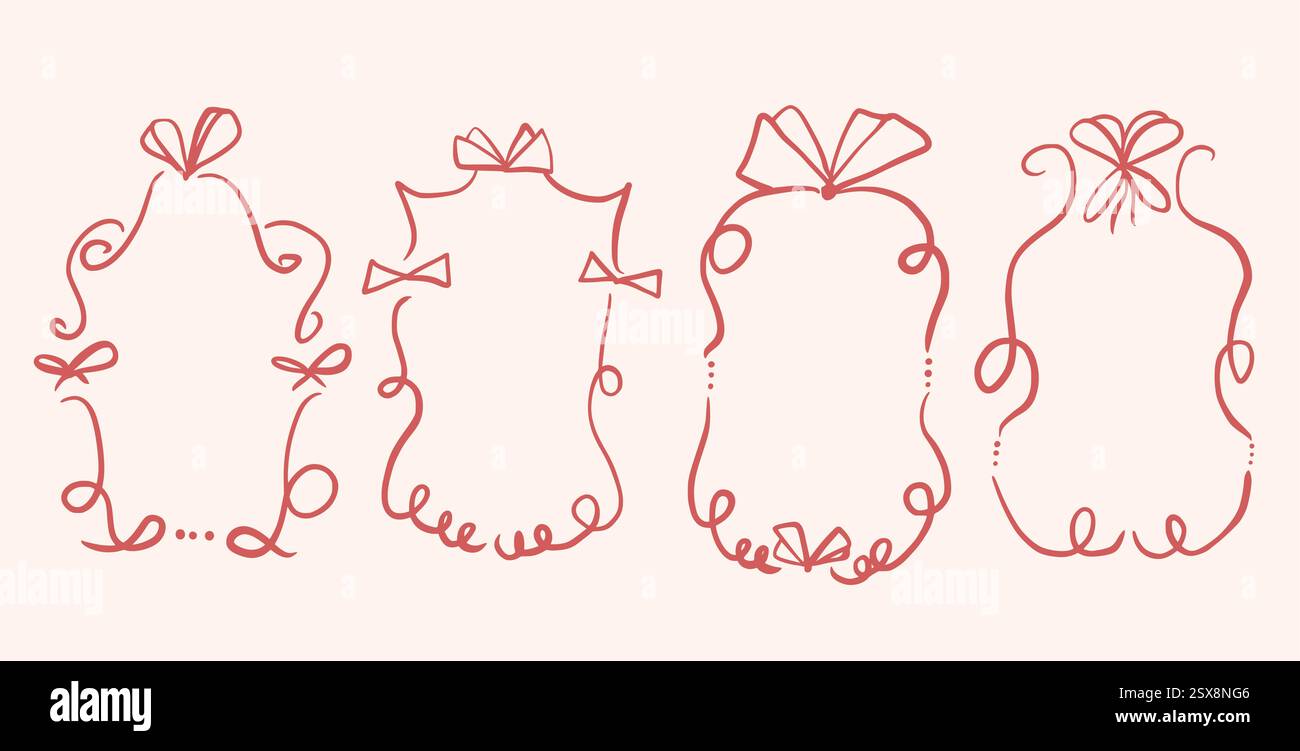 Doodle coquette frames with bows. Vintage line wavy border with ribbons ...
