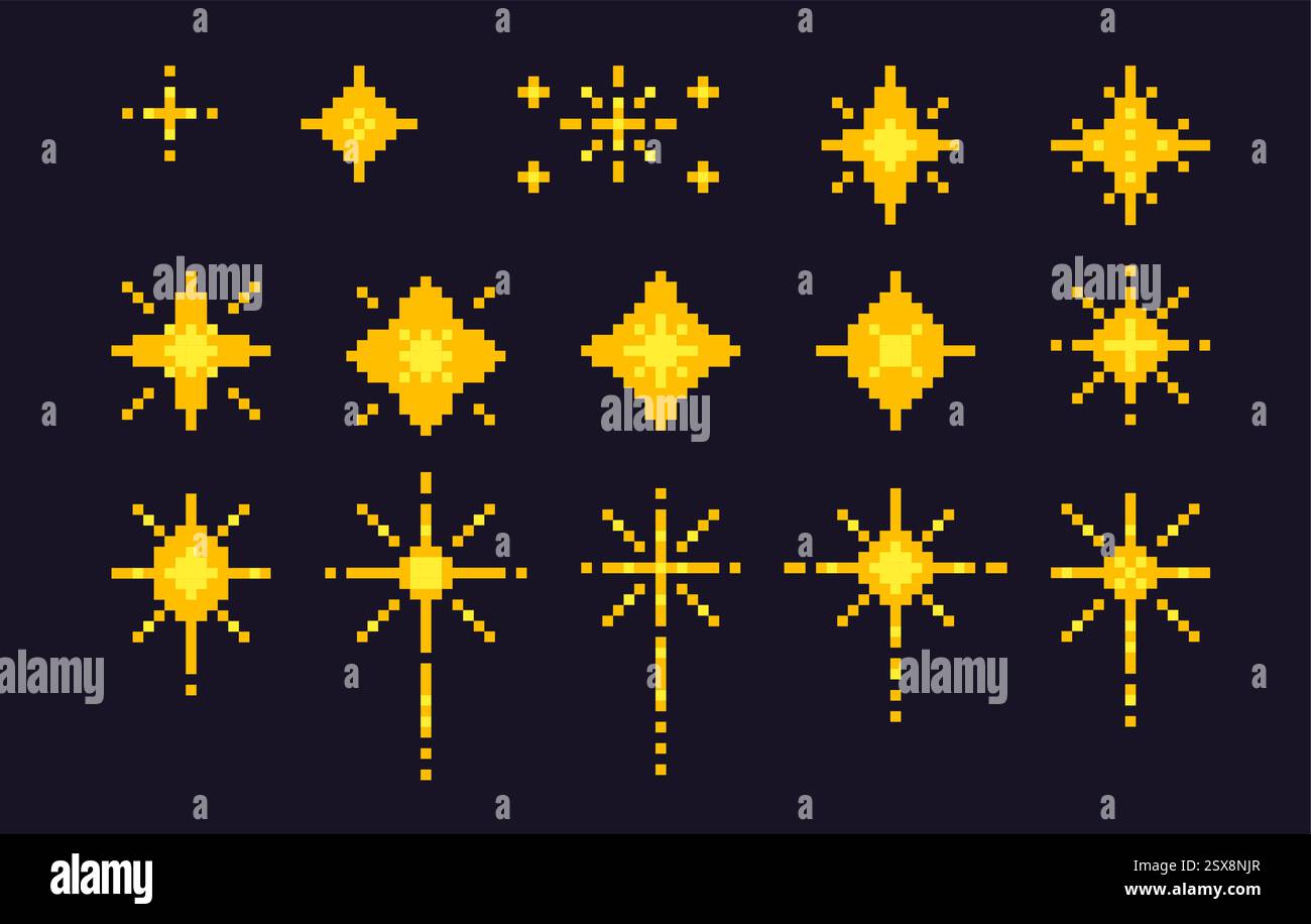Pixel art stars. 8 bit sparkles set. Magic firework icons in retro 90s ...