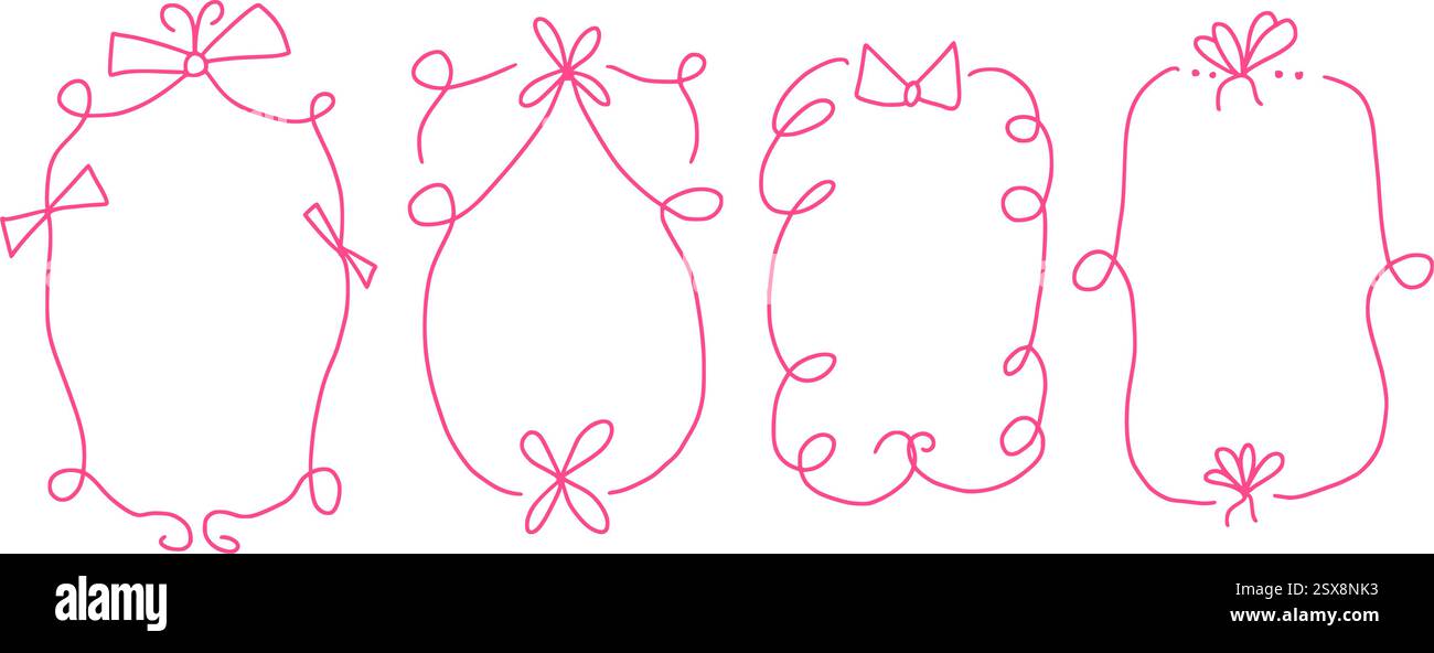 Doodle coquette photo frames with bows. Vintage line wavy border with ...