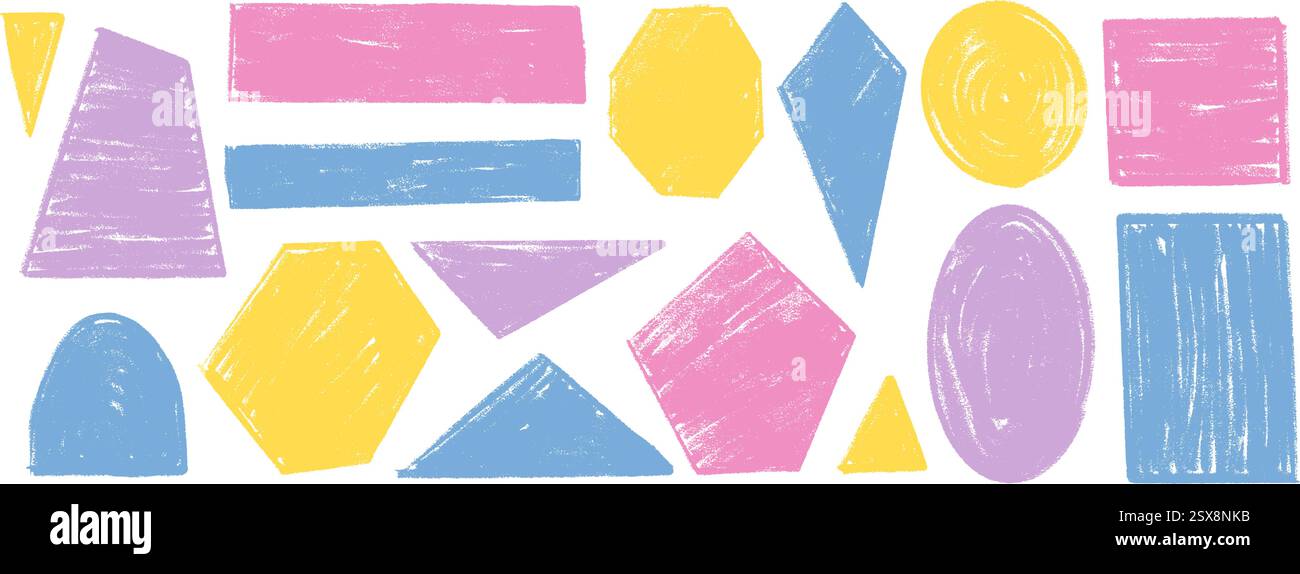 Kids crayon geometric shapes set. Text boxes pastel chalk textured ...