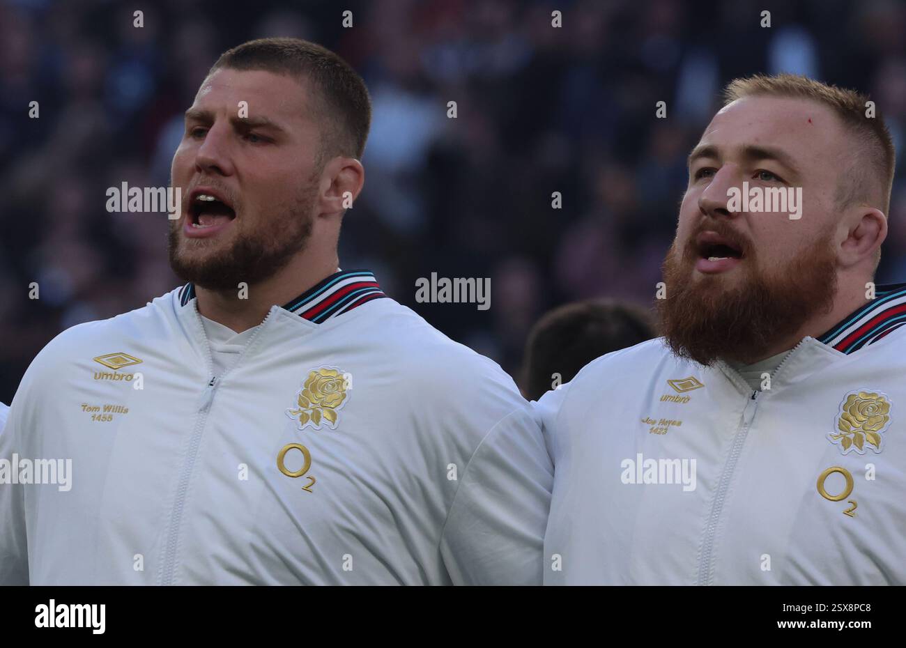 London, UK. 22nd Feb, 2025. L-R England's Tom Willis(Saracens) and ...