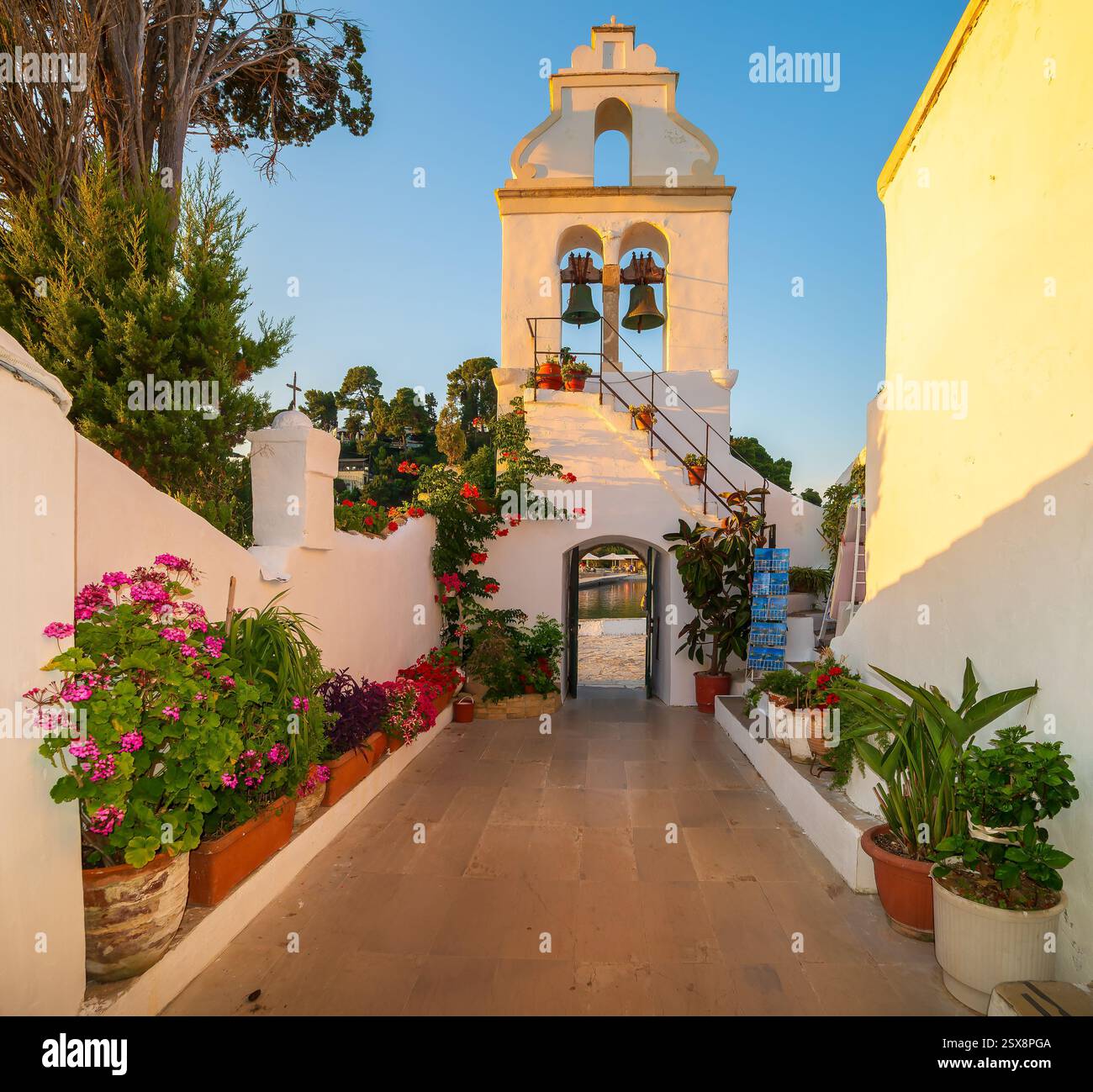 Courtyard of Vlacherna monastery of Corfu island, Greece Stock Photo ...