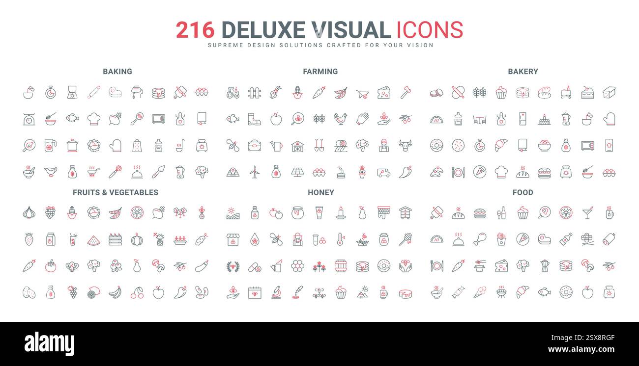 Bakery, dishes for breakfast, lunch menu, honey and farming line icon ...