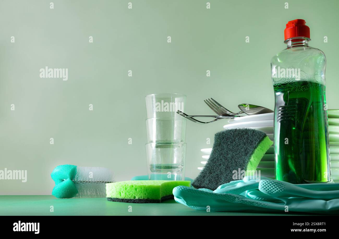 Products and tools for hand washing dishes on a green base and green ...