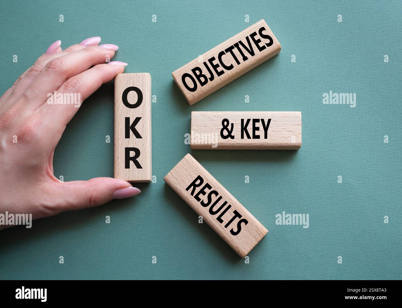 OKR objectives and key results symbol. Wooden blocks with words OKR ...