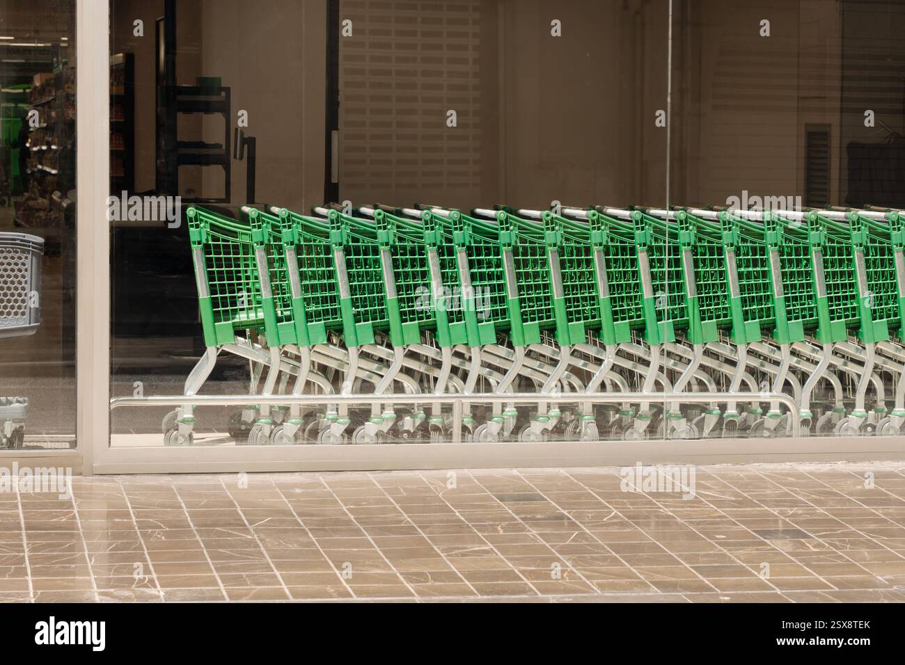 Eco-Friendly Neatly Aligned Green Shopping Carts At Store Entrance ...