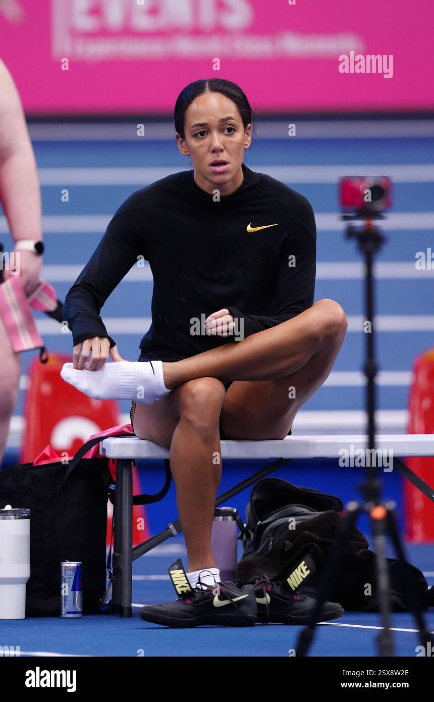 Katarina Johnson-Thompson before the women's shot put on day two of the ...