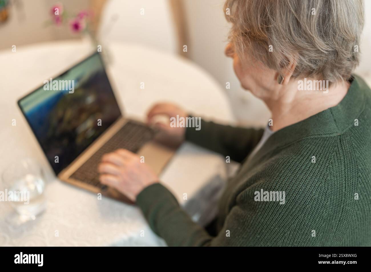 Elderly woman using laptop at home, looking at the screen and typing on keyboard. Concept of ...
