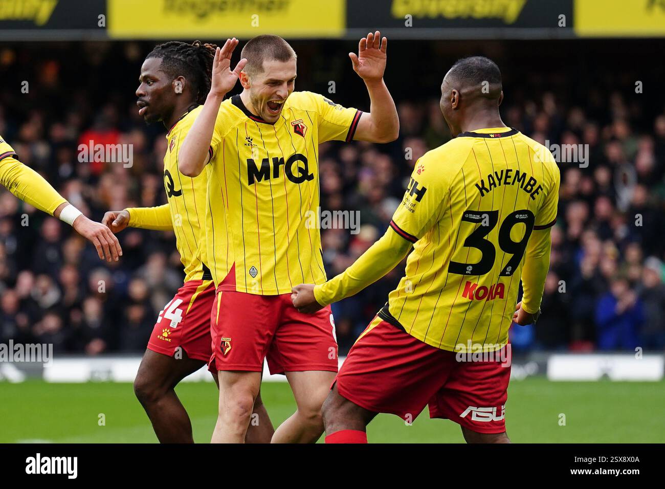 Watford’s Edo Kayembe (right) is congratulated on scoring their second ...
