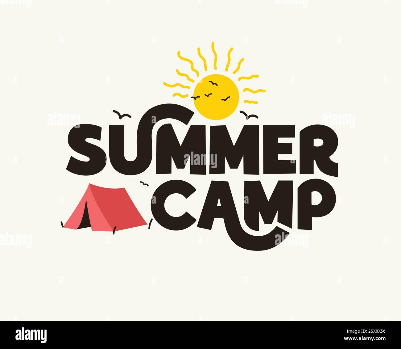 Summer camp banner design with sun, birds and a tent on white ...
