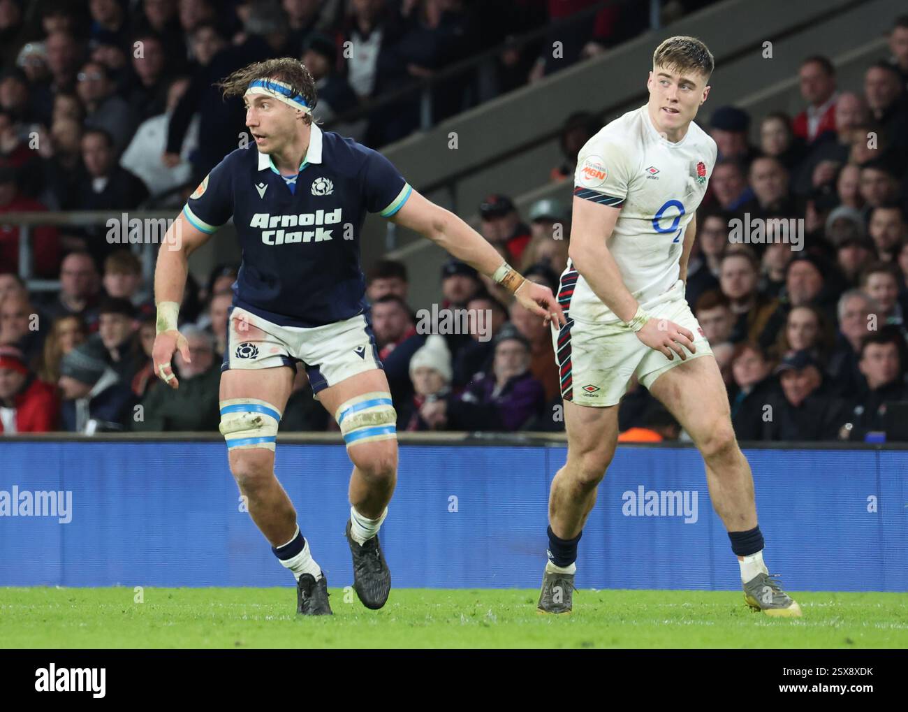 L-R Jamie Ritchie(Edinburgh Rugby)of Scotland England's Tommy Freeman ...