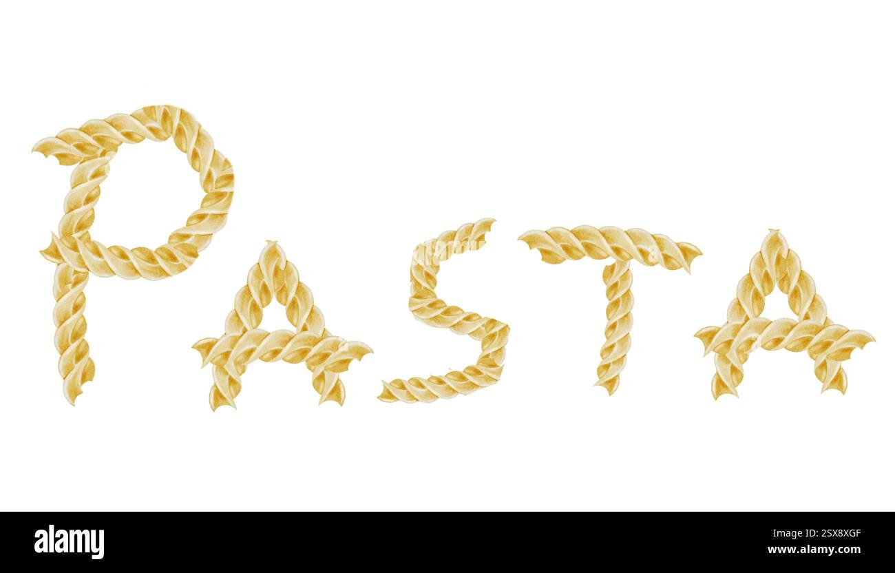 Pasta inscription watercolor. Hand drawn italian macaroni on white ...