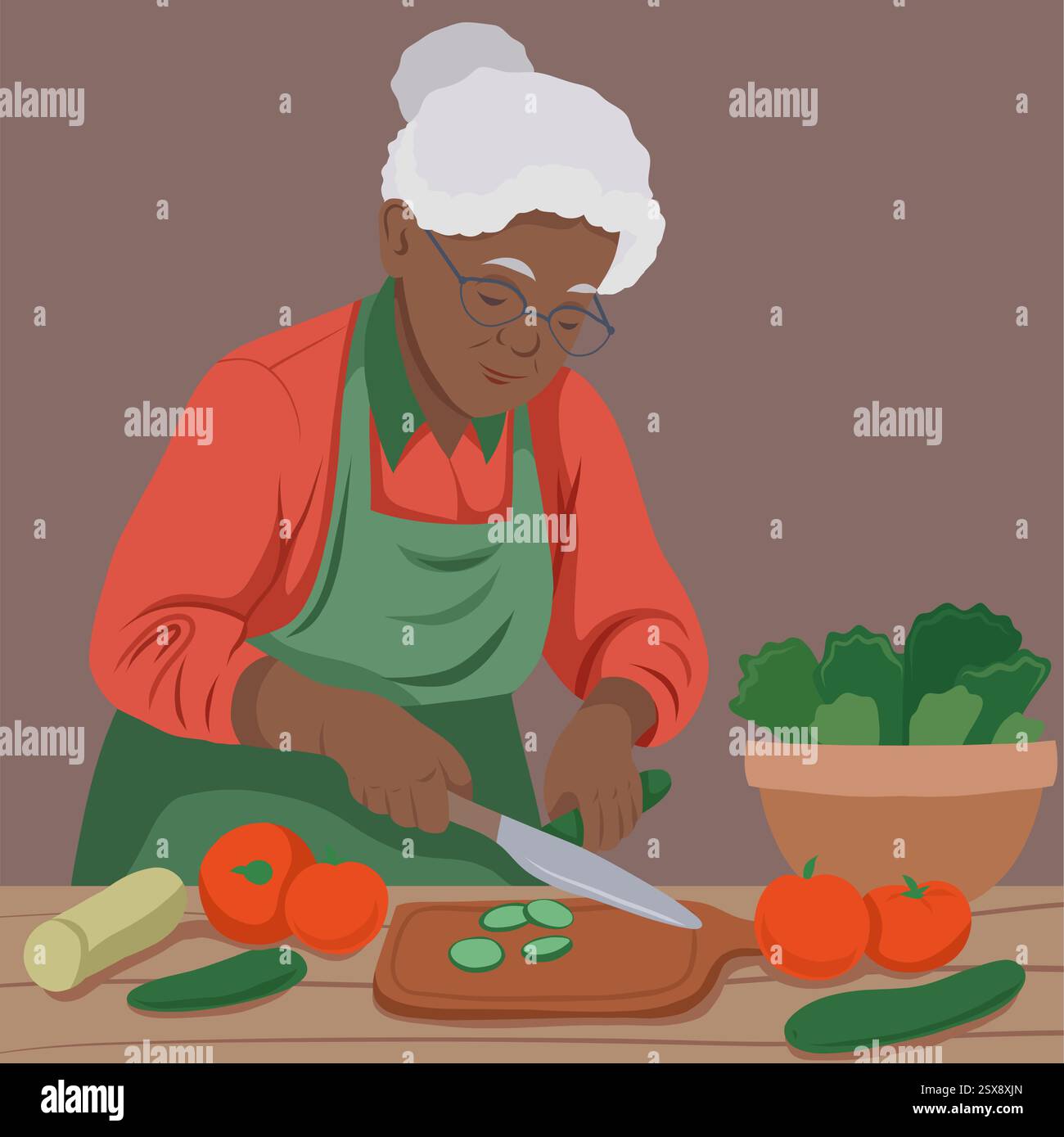 African grandma cutting salad. Vector flat illustration of Black old ...
